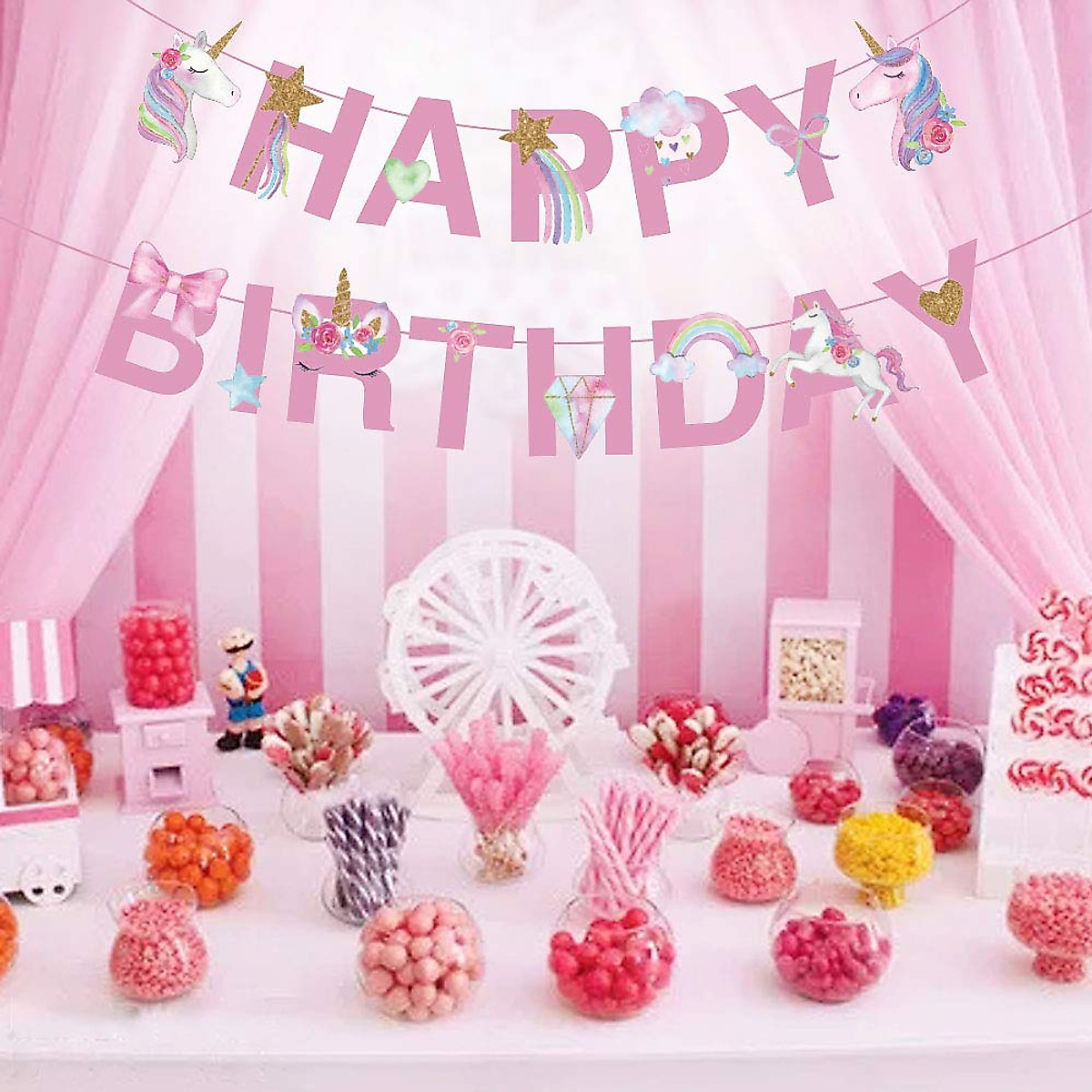 Unicorn Happy Birthday Banner/Unicorn Party Supplies Decorations for Kids Birthday Party Decoration,Pink