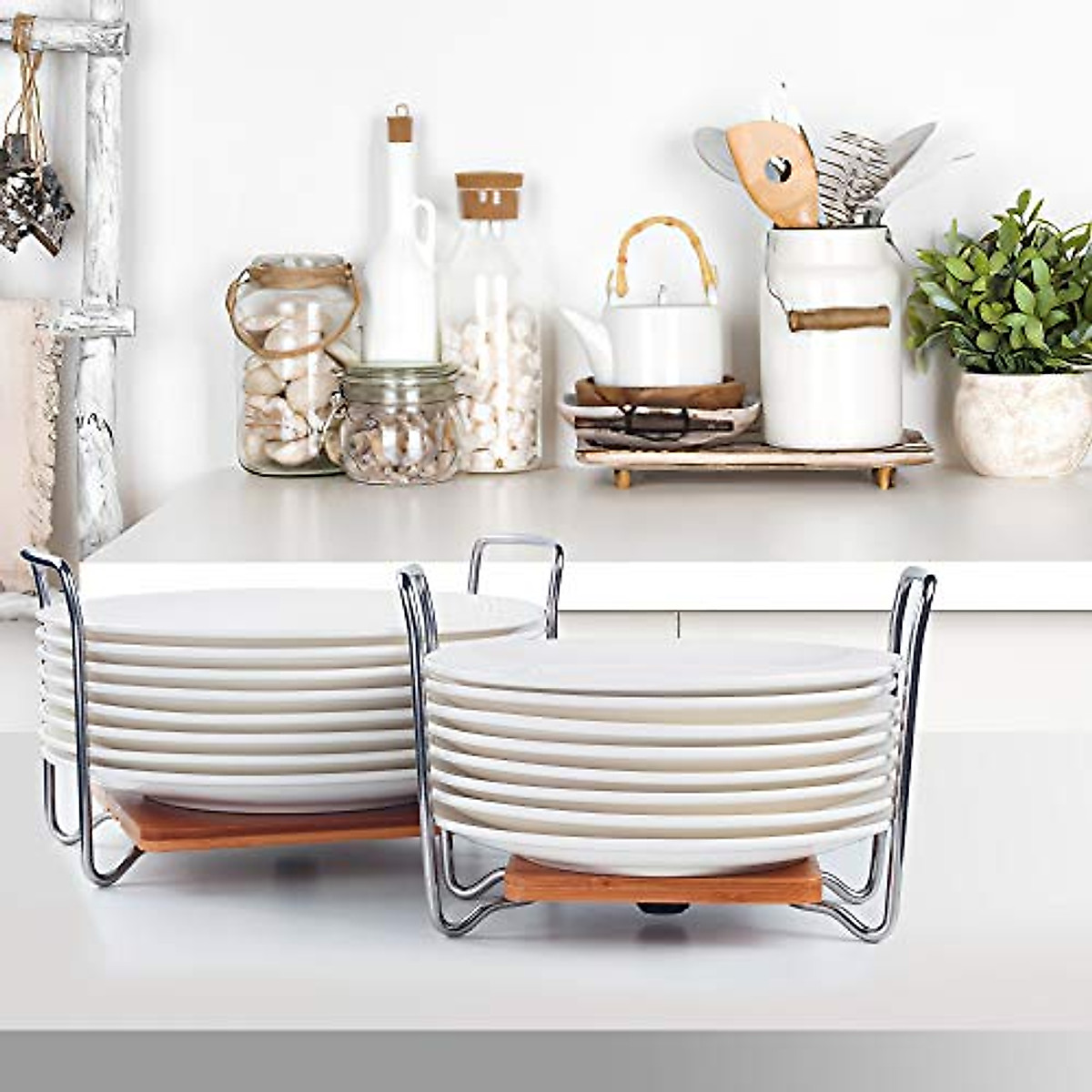 E-ROOM TREND Dish Holder SS304 Small&Large Square Total 2 Pack for 6" to 13" Plates Organizer Upgrade Thicken Bamboo Adjustable Size Easy Carried Handles Storage Rack for RV Cabinets Shelf (A018)