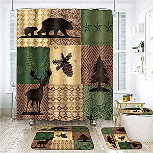 EARVO Forest Deer Bear Patchwork Pattern Shower Curtain, 4PCS Bath Sets with Non-Slip Rugs U-Shaped Mat Toilet Lid Cover Pine Tree Pinecone, Polyester with 12 Hooks 71x72 in SETMYEA38