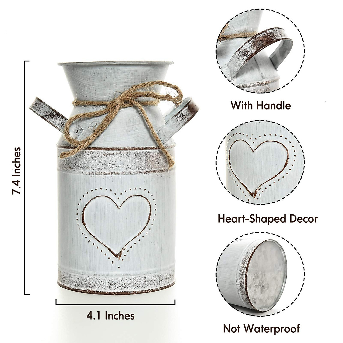 Timoo Rustic Milk Jug Vase Metal Milk Can Decor White Farmhouse Vase with Heart-Shaped for Wedding, Home, Living Room, Bathroom, Dining Table, Desk, Office, Garden Decoration