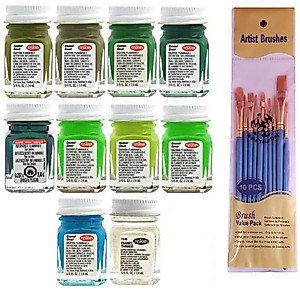 Testors Green Enamel Paint Variety, Green, Flat Green, Flat Beret Green, Metal Flake Green, Fluorescent Green, Sublime Green, Bright Lime, Teal, Flat Army Olive, and Thinner, 1/4 oz (Pack of 10) - with Make Your Day Paintbrushes