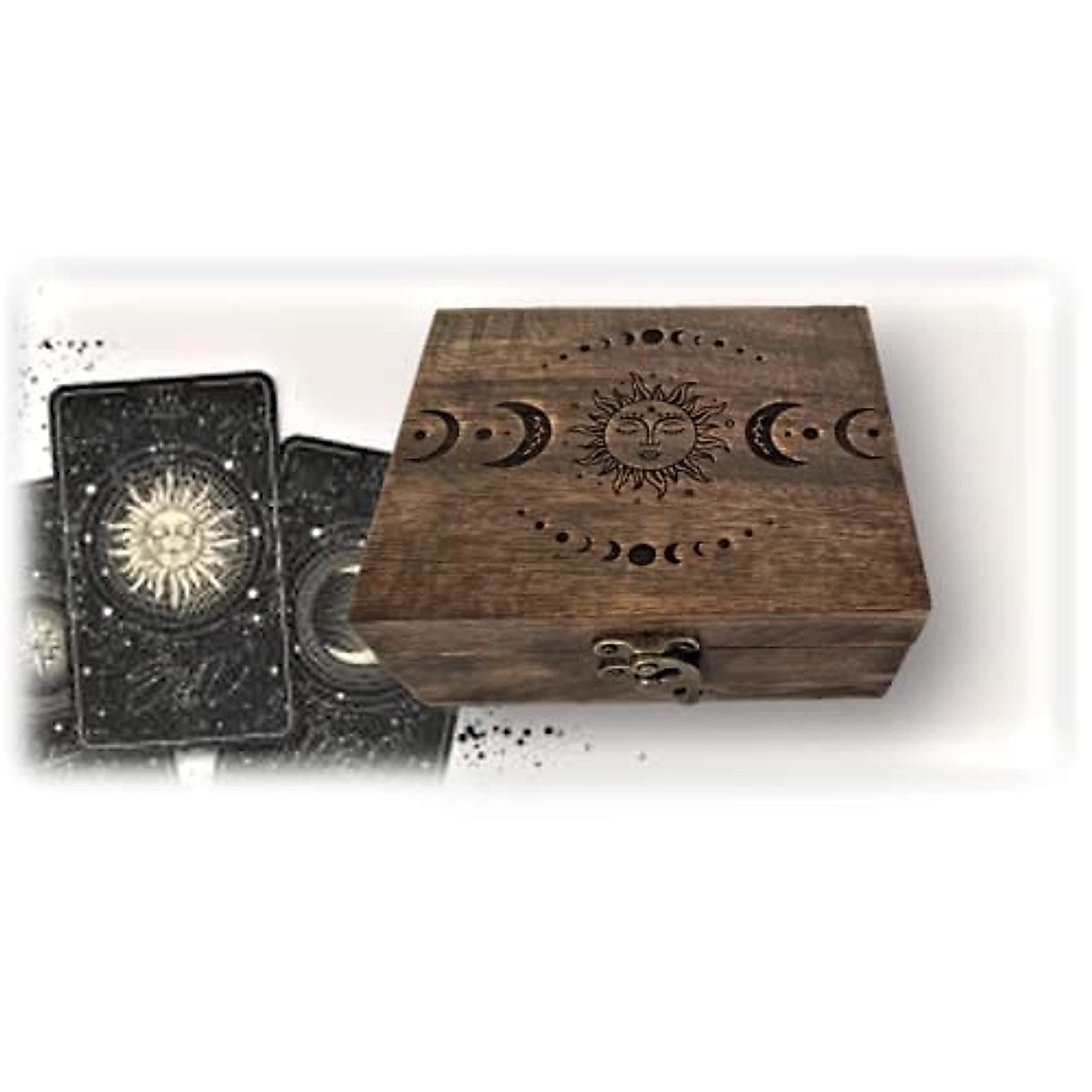 Engraved Wooden Tarot Box for Cards Crystal Holder | Sun and Moon Fortune Telling Astrology Trinket Keepsake Box. Fengshui Luck Talisman Decorative Gift Case/Holder