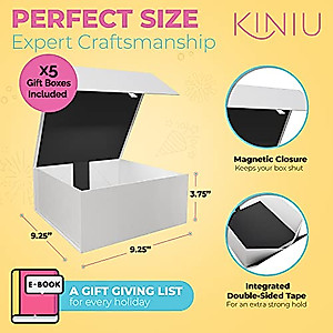 Kiniu 5Pack White Gift Boxes with Lids Bulk - Gift Boxes for Presents with White Tissue Paper - White Gift Box Set - Collapsible Magnetic Closure Box for Bridesmaid Proposal Boxes, Groomsman Box, Wedding, Birthday, Shirt Gift Box - 9.25x9.25x3.75 Inches