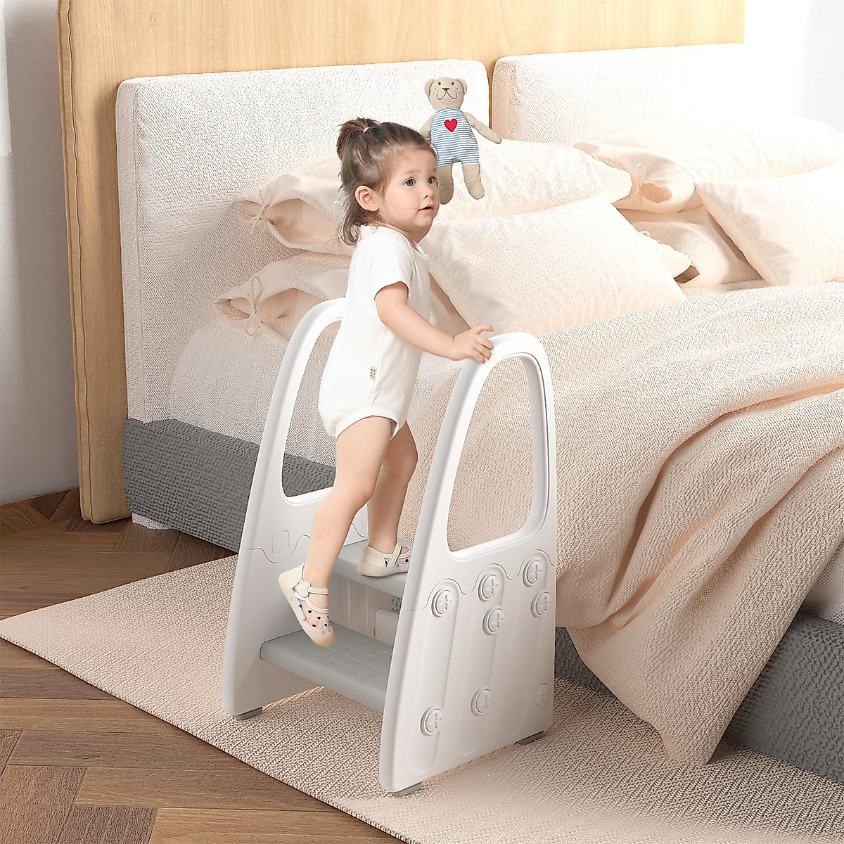 Toddler Step Stool for Bathroom Sink, Kids Two Step Stool for Toilet Potty Training and Kitchen Counter, Children Step Up Learning Helper Tower with Safety Handles and Non-Slip Pads,Gray