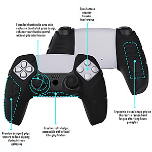 PlayVital Mecha Edition Black Ergonomic Soft Controller Silicone Case Grips for ps5, Rubber Protector Skins with Thumbstick Caps for ps5 Controller - Compatible with Charging Station