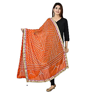 SAHIBA Handicraft India Women's Tafeta Silk Dupatta Bandhani Bandhej Jaipuri Rajasthani Dupatta (Orange), 2.25 Meters ( 88 x 42 Inches)