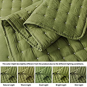 Green California Cal King Size Quilt Bedding Sets with Pillow Shams, Dark Sage Olive Oversized Lightweight Soft Bedspread Coverlet, Quilted Blanket Thin Comforter Bed Cover, 3 Pieces, 118x106 inches