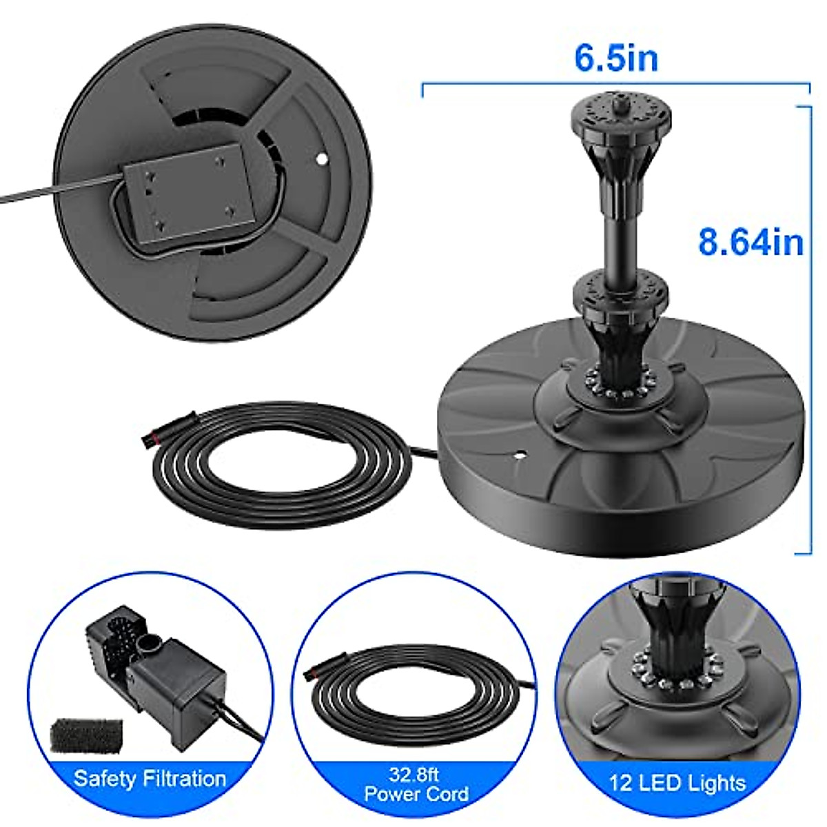 Yzert Pond Fountain Pump with 12 LED Lights, 32.8ft Power Cord Adapter 6W Outdoor Pool Fountains with 2-Tier Floating Water Garden Fountain for Garden Ponds Pool Outdoor Play