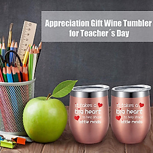 2 Pack Funny Teacher Appreciation Present, It Takes a Big Heart to Shape Little Minds, 12oz Double Wall Vacuum Teacher Cup with Lid Straw, Wine Glasses Tumbler with Pretty Box for Teacher (Rose Gold)