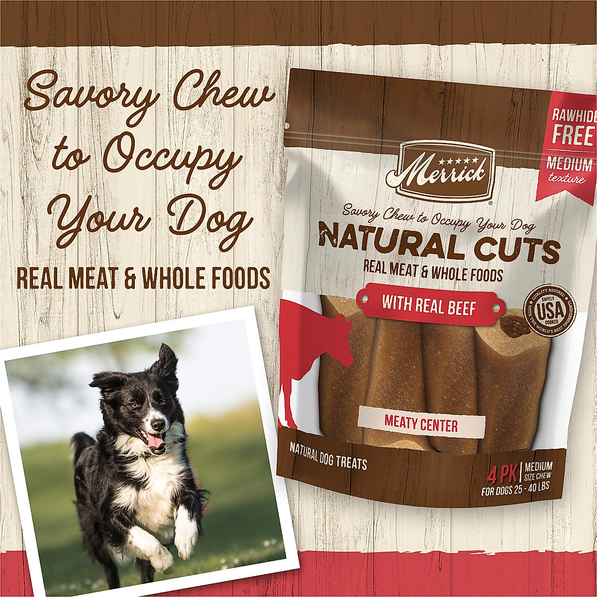 Merrick Natural Cuts Chicken Free Non Rawhide Medium Dog Chews, Medium Texture Chew Sticks With Real Beef - 1 Pack