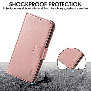 Arae Compatible with iPhone 14 Pro Case Wallet Flip Cover with Card Holder and Wrist Strap for iPhone 14 Pro 6.1 inch-Rose Gold