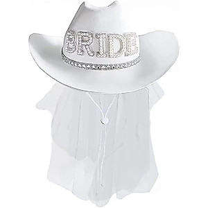 Bridal Cowboy Hat, Bronzing "Bride" Cowgirl Hat White Velvet Fur Veil Favors Women Felt Party Hat,Bachelorette Party Bride to be Gift