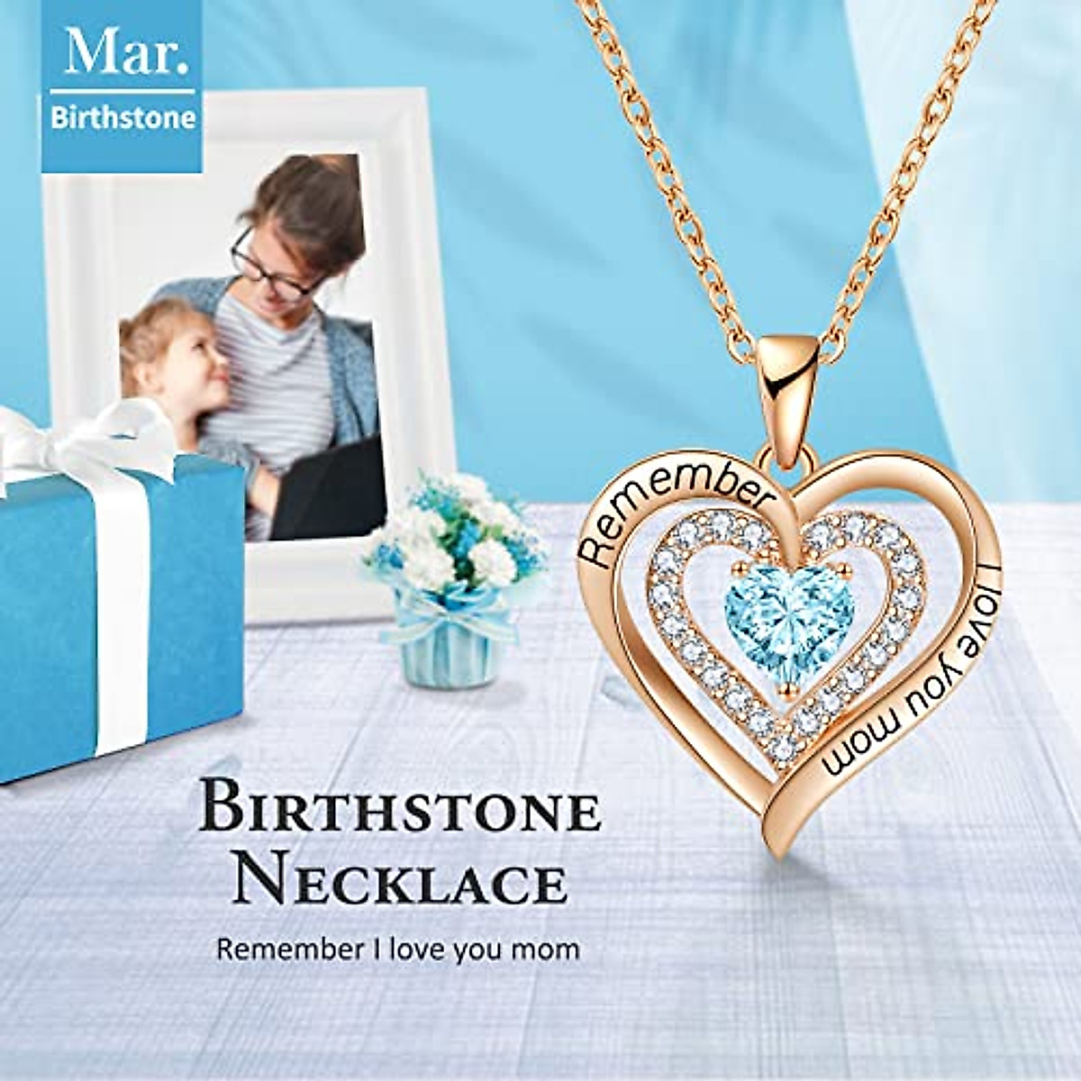 REDBEE Necklace for Mom 18K Rose Gold Filled 925 Sterling Silver Birthstone Diamond Heart Pendant Necklace for Women, Jewelry for Birthday Mothers Day for Mom Valentines Day for Wife Gifts for Her I