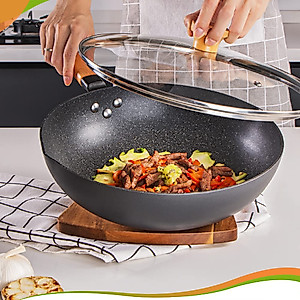 Wok Stir Fry Pan with Lid, Nonstick Woks Pan 12 Inch, 100% PFOA-Free Coating, Non Stick Cooking Frying Pans with Detachable Wooden Handle, Induction Compatible, Black