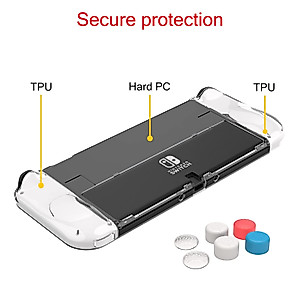 Teyomi Dockable Case Compatible with Nintendo Switch OLED Model 2021, Soft TPU Joy-Con Cover and Hard PC Protective Case Cover with 6pcs Silicone Thumb Grip Caps, Switch OLED Case Protector(Clear)