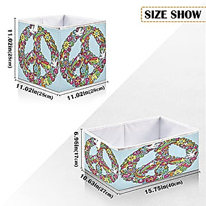 ALAZA Peace Sign Flower Floral Striped 11 Inch Cube Storage Bin Organizer Foldable Basket for Closet Cabinet Shelf Office
