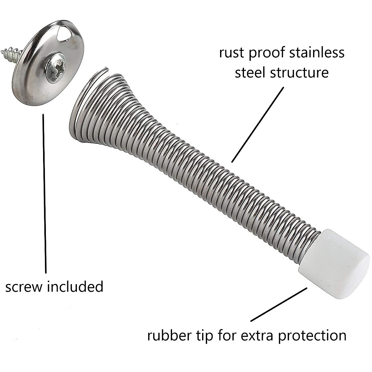 12 Pack Spring Door Stopper 3-1/8" Flexible Heavy Duty Screw-in Stainless Steel with Rubber Bumper (White)