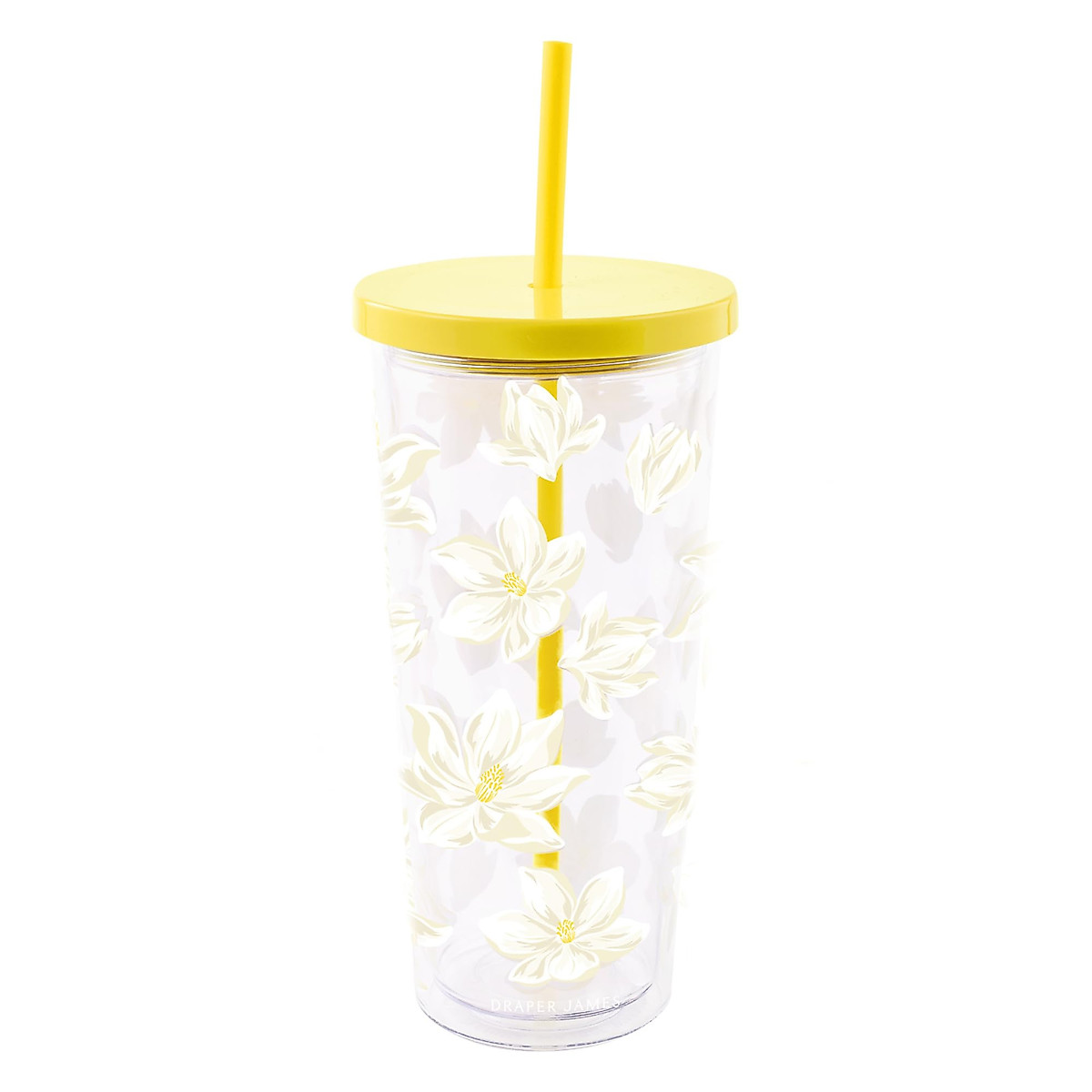 Draper James Travel Tumbler with Lid and Straw, 24 Ounce Insulated Cup, Clear Floral Plastic Double Wall Tumbler, Magnolias