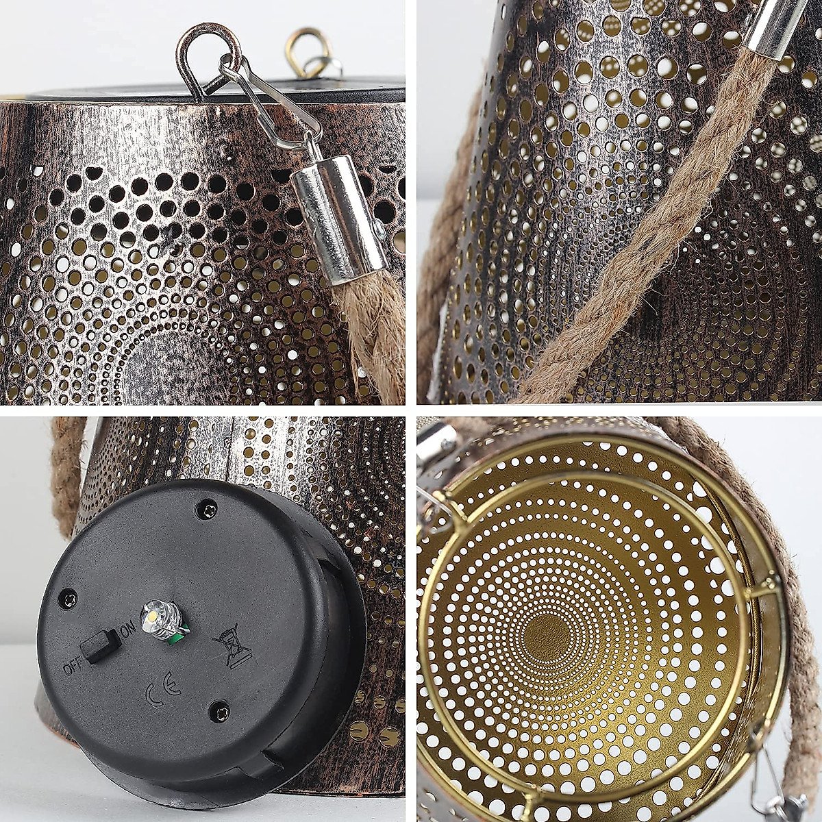 Large Outdoor Hanging Solar Lantern, Waterproof Garden Patio LED Solar Light, Dot Hollowed-Out Design Retro Landscape Metal Decorative Lanterns for Tree, Table, Floor, Yard Decor (1 Pack, Bronze)