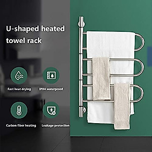 Heated Towel Rack, Plug in Towel Warmer Radiator, U Shaped Towel Rack 180 Degree Rotation 304 Stainless Steel Heated Towel Rail, Wall Mounted Electric Drying Rack,Black ，Electric Towel Warmer