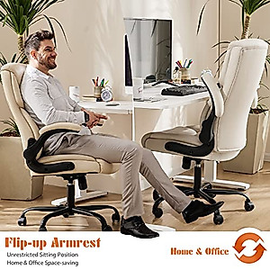 Sweetcrispy Home Office Chair, Ergonomic High Back Heavy Duty Task Chair with Flip-up Arms, PU Leather, Adjustable Swivel Rolling Chair with Wheels, Cream
