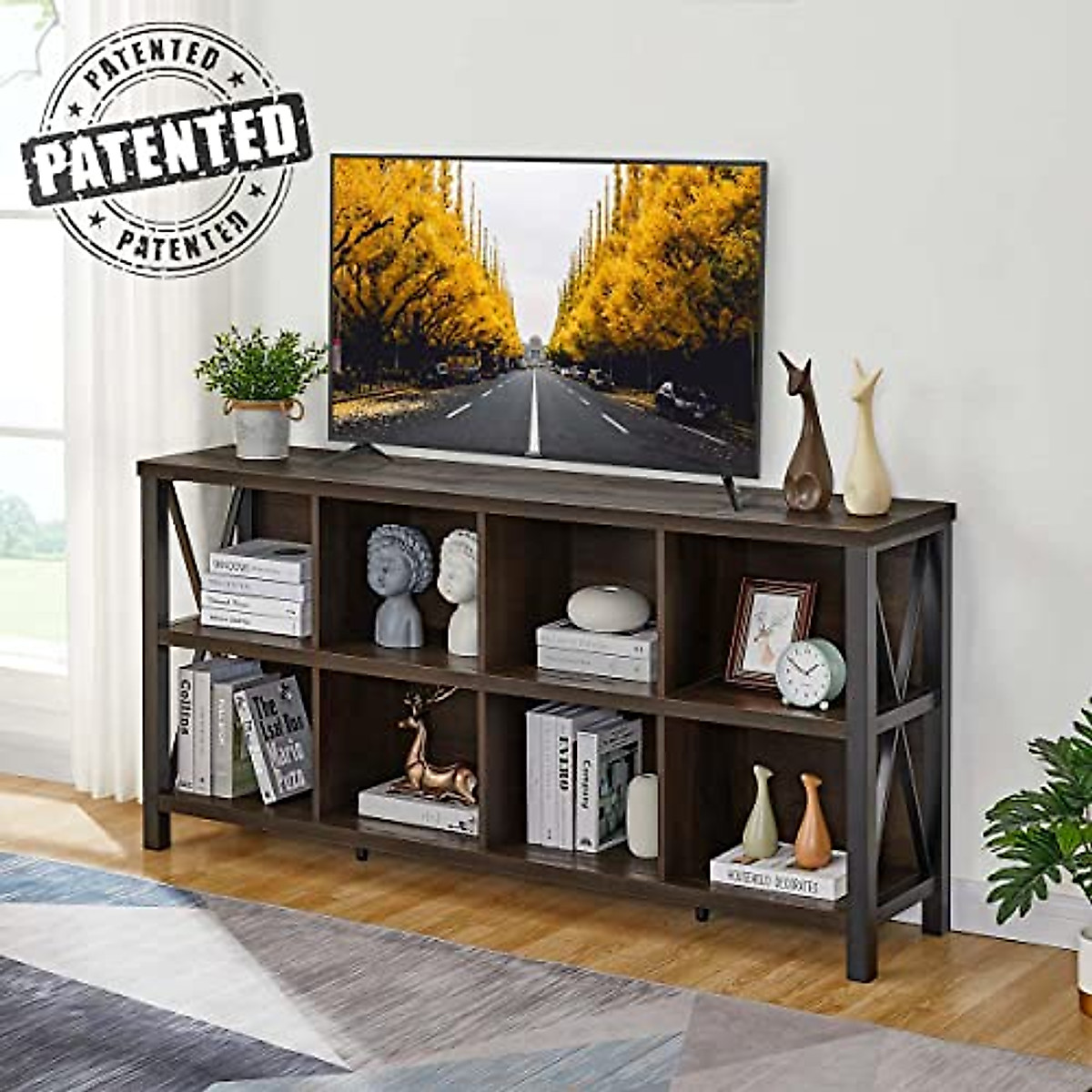 FATORRI 8 Cube Storage Organizer Bookshelf, Rustic Wood Cubby Bookcase, Industrial Horizontal Long Shelf for Living Room (Walnut Brown, 62 Inch)