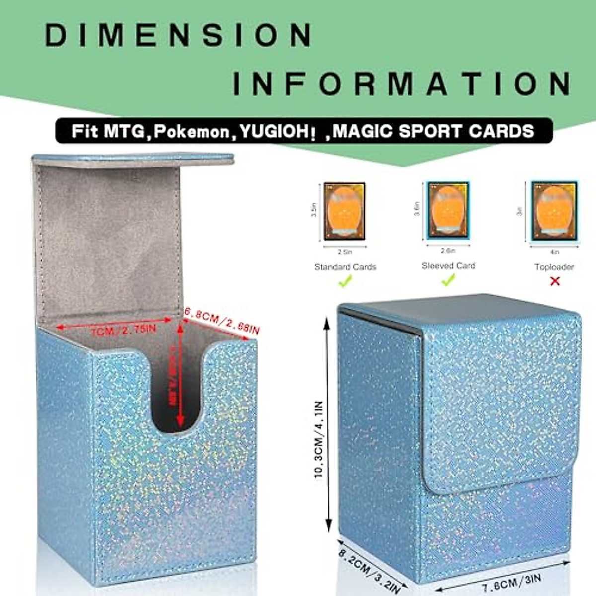 Dmoicols Sparkly Card Deck Box Holds 100+ Single Sleeved Cards,Leather Card Storage Case,MTG Commander Deck Box with 2 Dividers fit TCG CCG Magic Cards Vertical (Sparkly Light Blue Point)
