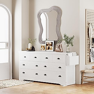 LIKIMIO Dresser 8 Drawer, Modern Wood Bedroom Dresser with with Charging Station and Storage Bag, Storage Chest of Drawers for Living Room Hallway Entryway, White