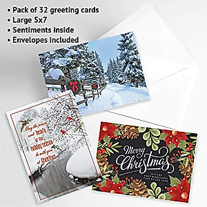 Classic Christmas Card Assortments - Holiday Greeting Cards, Set of 32, Large 5" x 7", Sentiments Inside, Envelopes Included
