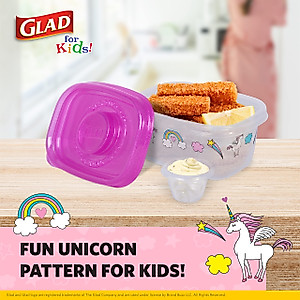 Glad for Kids Unicorns GladWare To Go Storage Containers with Lids| 24 oz Kids Snack Containers with Unicorn Design, 4 Count Set with 4 Dressing or Sauce Cups