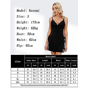 Queenfox Lingerie for Women Sexy Nightgowns Lace Modal Babydoll Chemise V-Neck Side Slit Sleepwear Soft Sleep Dress Black L