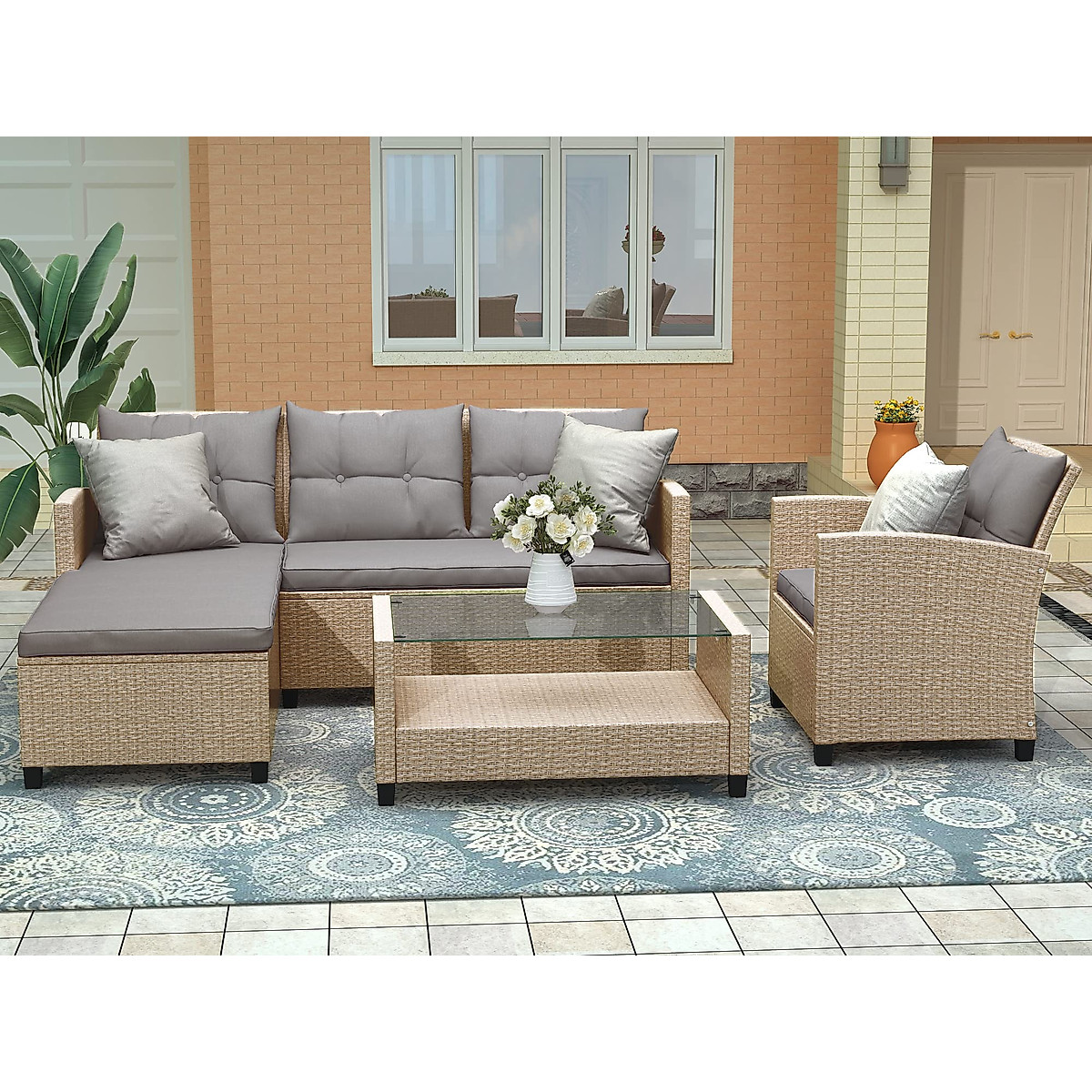 Merax 4 Piece Outdoor Patio Furniture Sets Conversation Set Wicker Ratten Sectional Sofa with Seat Cushions