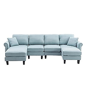 Convertible Sectional Sofa Couch, U Shaped Modular Accent Sofa with Ottoman and 2 Pillows and Solid Wood Legs, Modern Fabric Upholstered Sofa Set, for Living Room, Lounge, Light Blue