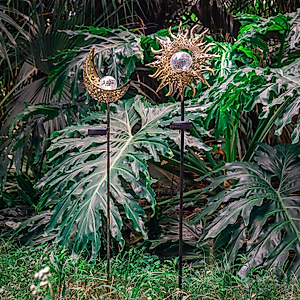 Solar Lights Outdoor Garden Decor,Waterproof Metal Sun Moon Decorative Stakes Crackle Globes Decoration for Walkway,Yard,Lawn,Patio(2 Pack)