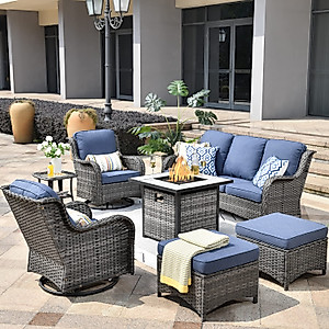 XIZZI Patio Furniture Sets Outdoor Swivel Rocking Chairs with 50,000 BTU Propane Fire Pit Table 7 Pieces All Weather PE Wicker Conversation Sofa and Matching Side Table,Grey Wicker Denim Blue