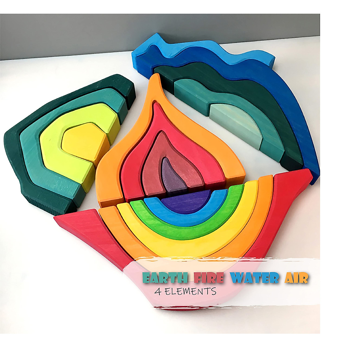 moderngenic 'Four Elements' Rainbow X-Large Rainbow Blocks, Wooden Toys for Kids, Geometric Building Puzzle, Volcano/House Educational Set