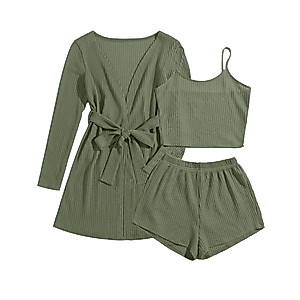 Ekouaer Womens 3 Piece Waffle Knit Lounge Set Soft Pajama Sets Tank Top and Shorts Cardigan with Pockets (Army Green, S)