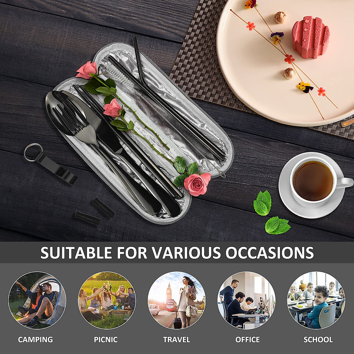 Portable Travel Silverware Set with Case, Reusable Camping Eating Utensils Set, Stainless Steel Cutlery Set for 1, Knife Fork Spoon Chopsticks (9 pieces black)