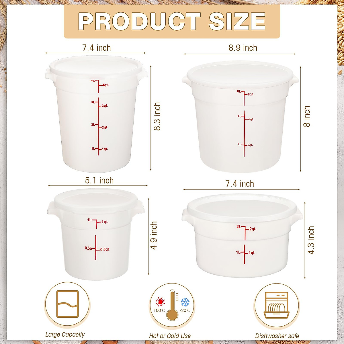 Ziliny 4 Pcs Food Storage Containers 1, 2, 4, 6 Qt Round Food Storage Container with Lids for Pantry Organizers Translucent Plastic Tubs with Handles for Bread Dough Home Storage Food