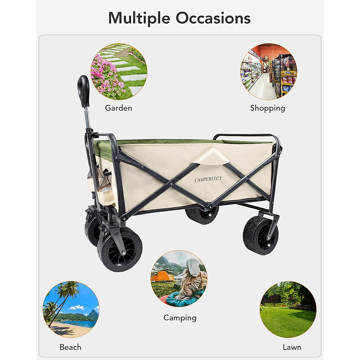 CAMPERFECT Beach Wagon with Big Wheels - All-Terrain Outdoor Cart for Camping, Sports, Shopping - Foldable Wagon with Adjustable Handle
