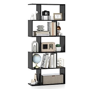 Giantex 5-Tier Geometric Bookshelf Black, 62.5" Tall Wood S-Shaped Bookcase with Anti-Tipping Device, Floor Standing Display Shelf for Bedroom, Living Room, Study