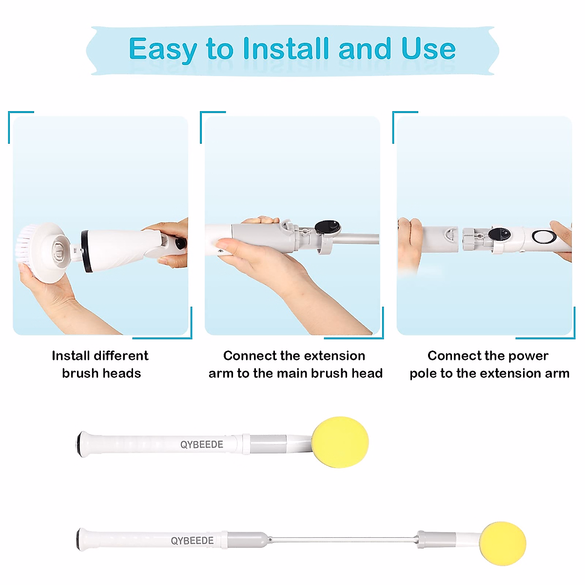 QYBEEDE Electric Cleaning Brush with Long Handle Rechargeable, Efficient Electric Spin Scrubber Cordless Tub and Tile Scrubber, Electric Scrubber Brush for Cleaning Bathroom Cleaning Tool Waterproof