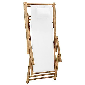 MBFLUUML Outdoor Folding Recliner Chair, Patio Lounge Chairs, Deck Chair Bamboo and Canvas Cream White Suitable for Lawn, Garden, Porch and Backyard.