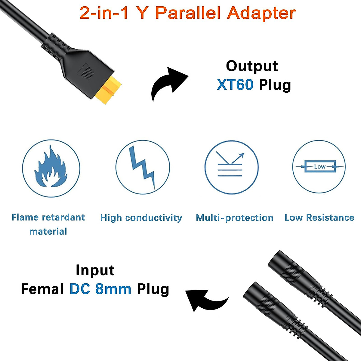 KarlKers DC 8mm to XT60 Connector, DC 8mm Y Parallel Adapter, XT60 Extension Cable with Reverse Current Protection, DC 8mm to XT60 Y Splitter for Lipo Battery Pack EFDELTA River Portable Power Station