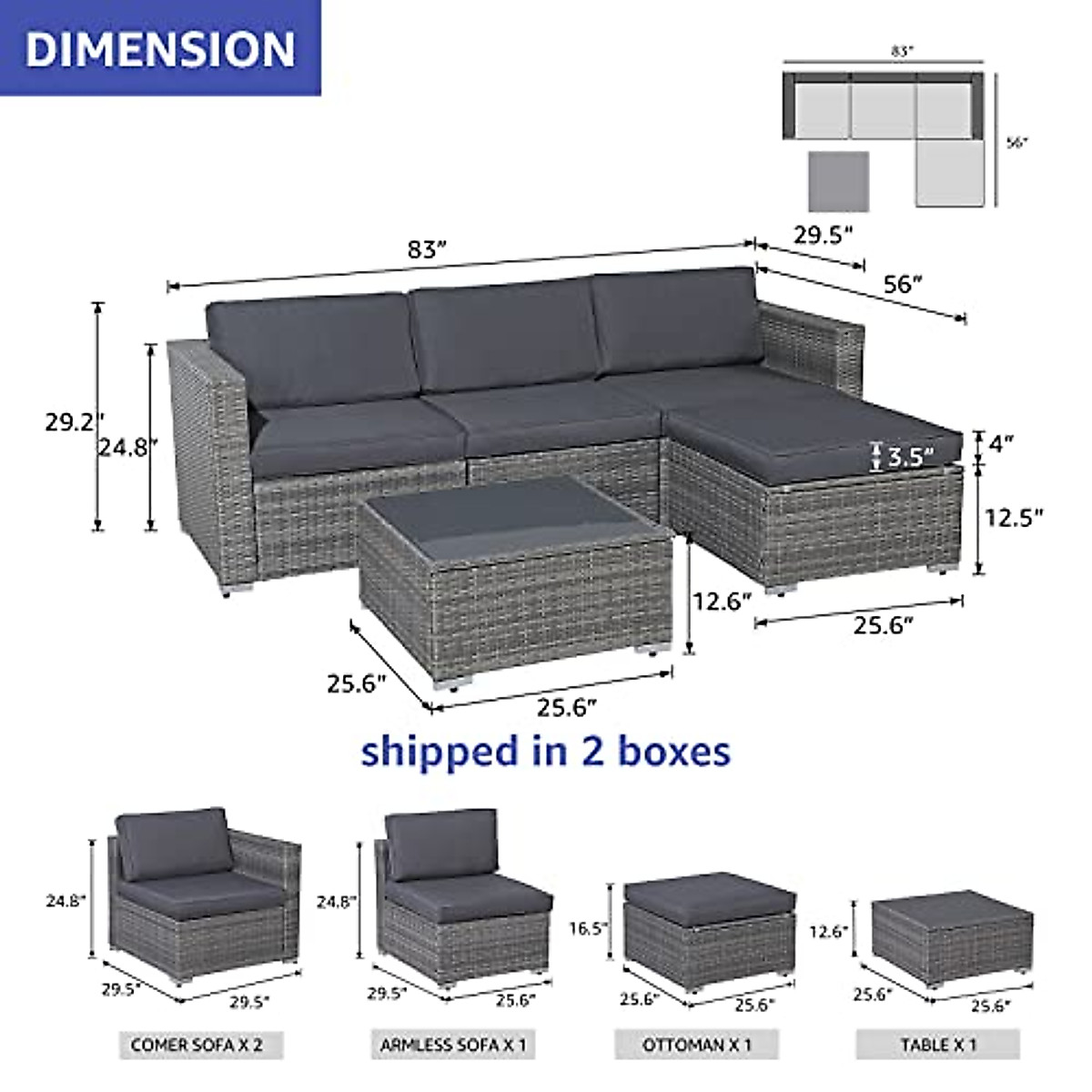 Patiorama 5 Piece Outdoor Patio Furniture Set, Outdoor Sectional Conversation Set, All-Weather Grey PE Wicker w/Dark Grey Cushions, Outdoor Backyard Porch Garden Poolside Balcony Furniture Set