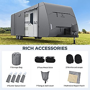 Fonzier Oxford Fabric Travel Trailer RV Cover Windproof Camper Cover Breathable for 26’1”-28’6” with 4 Gutter Spout Covers Tongue Jack Cover Extra 2 Windproof Straps