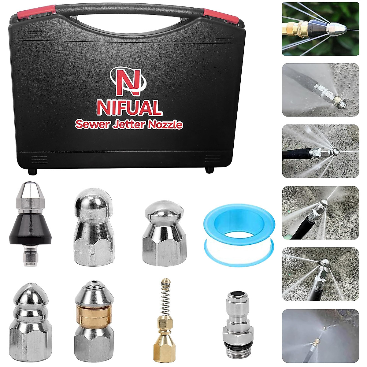 8PCS Sewer Jetter Nozzle Kit with Box, Stainless Steel Rotating Nose Sewer Jetting Nozzle for Pressure Washer,Pressure Drain Jetter Hose Nozzle with 1/4 Inch Pressure Washer Quick Connector,5000 PSI