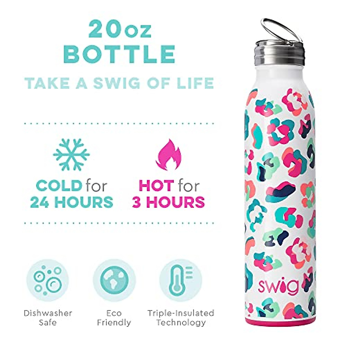 Swig Life 20oz Triple Insulated Stainless Steel Water Bottle with Ring Flip Handle, Dishwasher Safe, Double Wall, & Vacuum Sealed Reusable Water Tumbler (Party Animal)