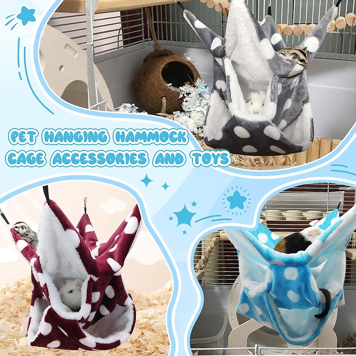 LEFTSTARER Rat Ferret Sugar Glider Cage Hammock Bedding Small Pet Cage Accessories Toy Triple-Layer Hammock Bedding for Hamster Guinea Pig Sugar Glider Rat Ferret Chinchilla Playing Sleeping(Red)