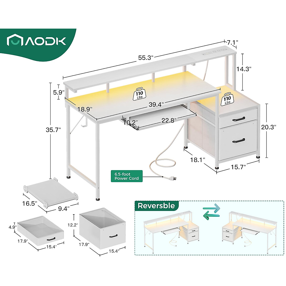 AODK 55" Computer Desk with Fabric File Cabinet and Drawer, Reversible Office Desk with Power Outlet and LED Light, Study Desk with Printer Stand, Keyboard Tray, Full Monitor Riser and PC Stand, White